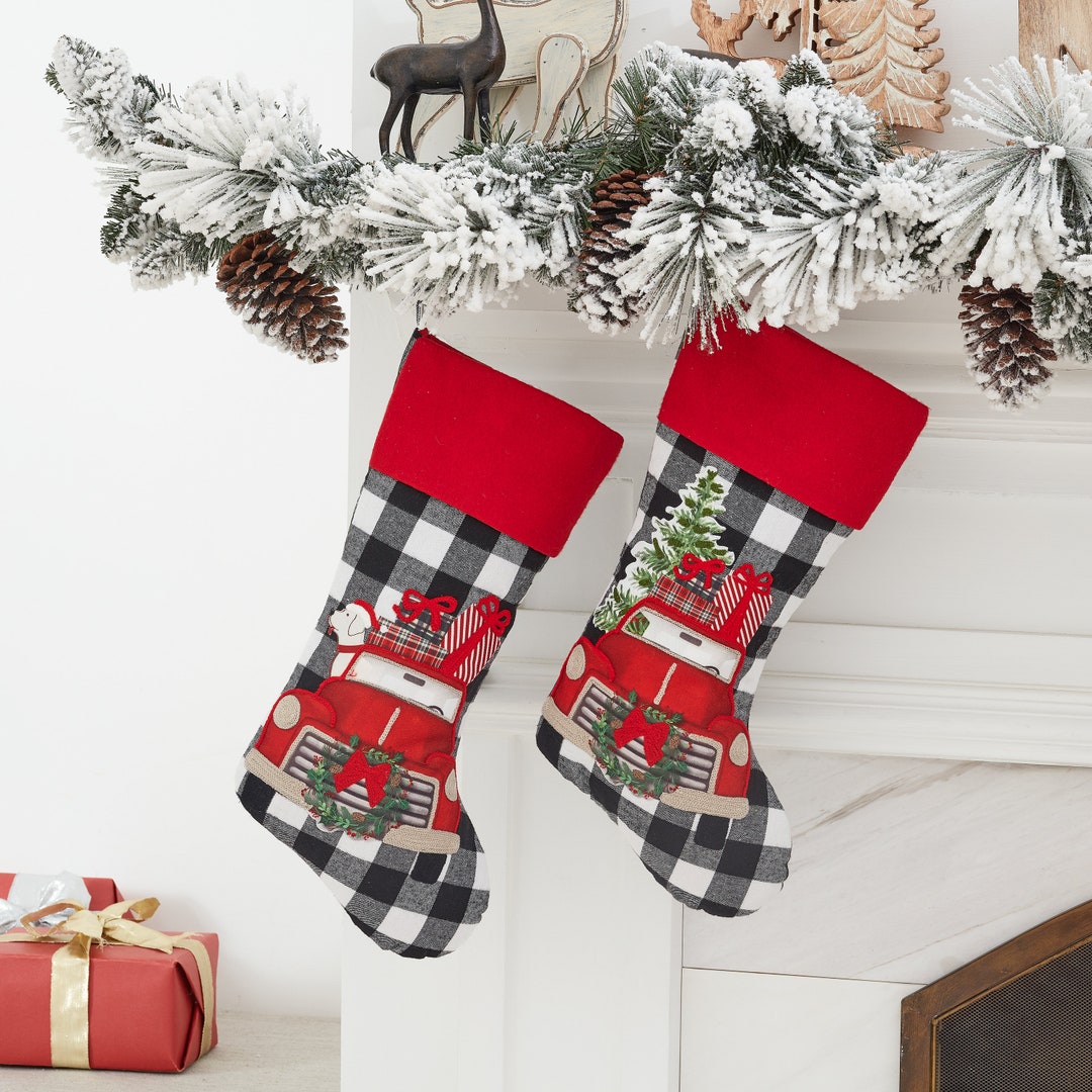 Personalized Black and White Checkerboard Red Truck Stocking 20 Inch ...