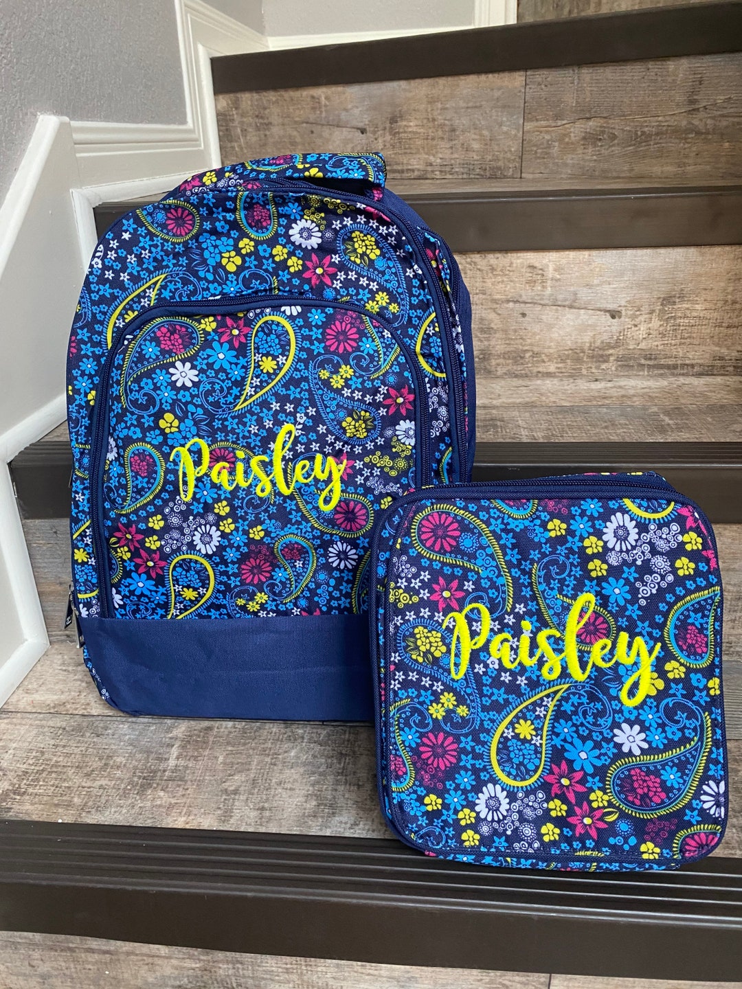 Embroidered Navy Paisley Backpack Lunchbox Set, Girls Monogram Backpack ...