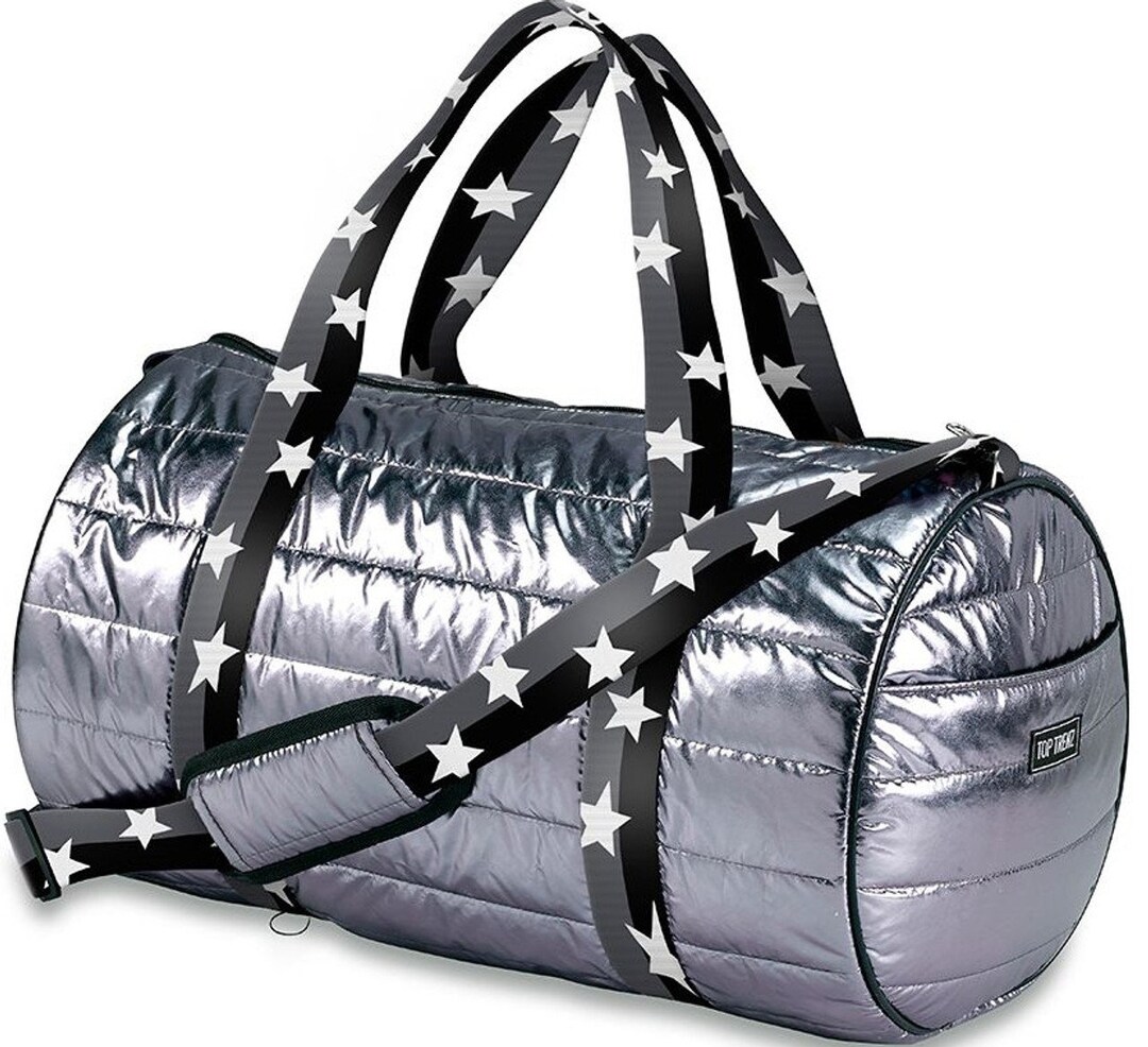 Personalized Gunmetal Puffer Duffle Bag With Grey Black Split Star ...