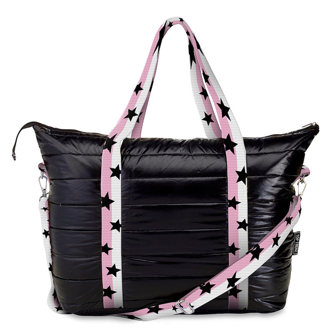 Personalized Black Puffer Tote Bag Pink White Split Star Straps, Teen ...