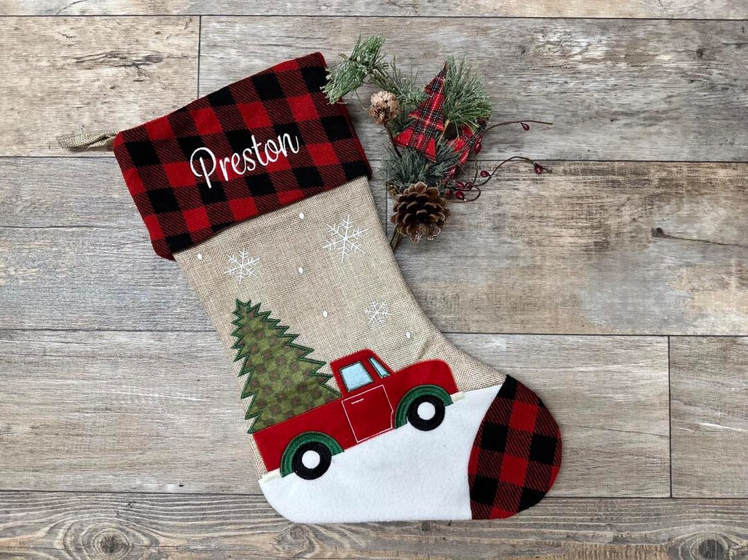 Embroidered Christmas Stockings, Buffalo Plaid Stocking, Red Truck ...