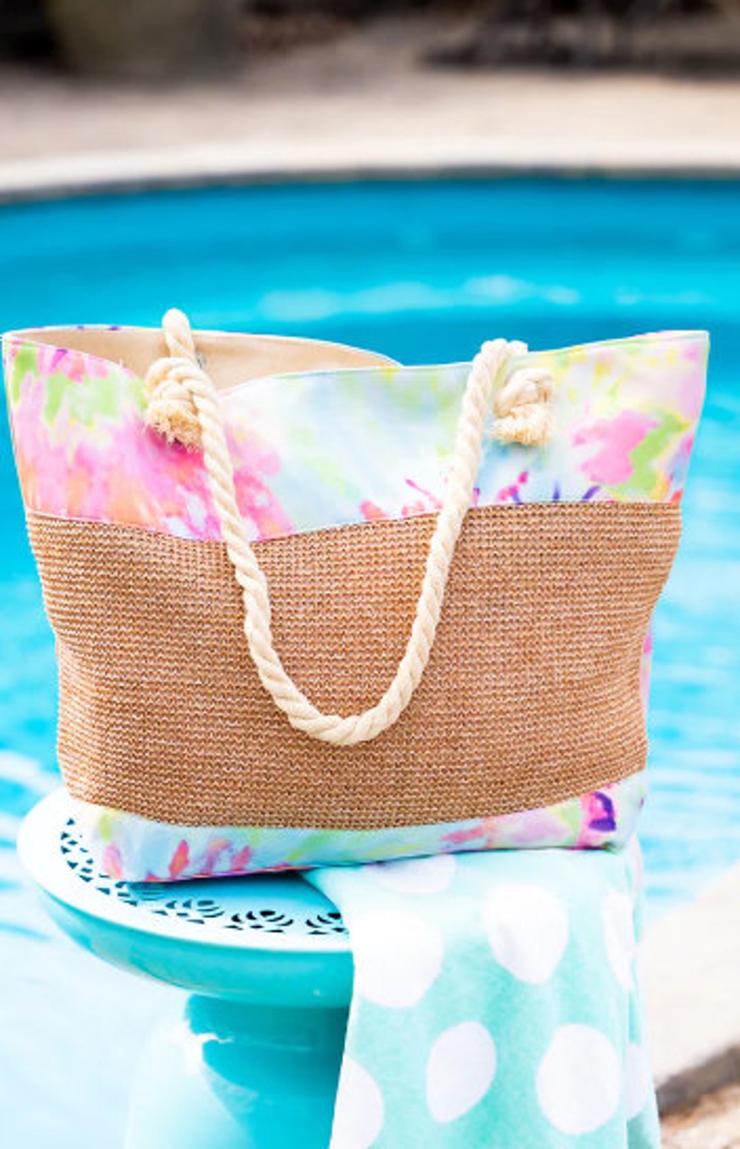 Tie Dye Day Dream Island Rope Handle Beach Tote Bag, Personalize Beach ...