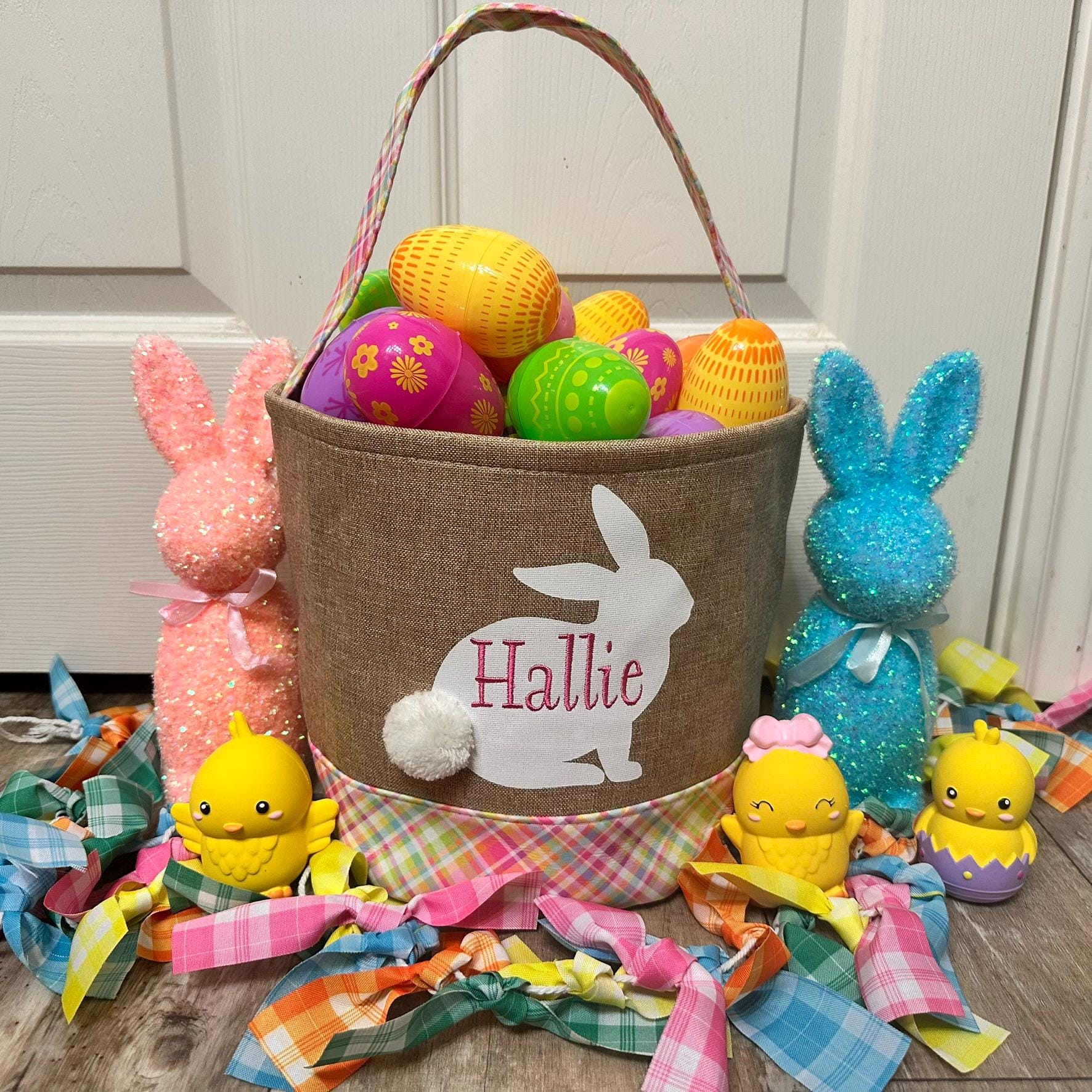 Personalized Embroidered Brown Pink Blue Plaid Easter Basket, Monogram ...