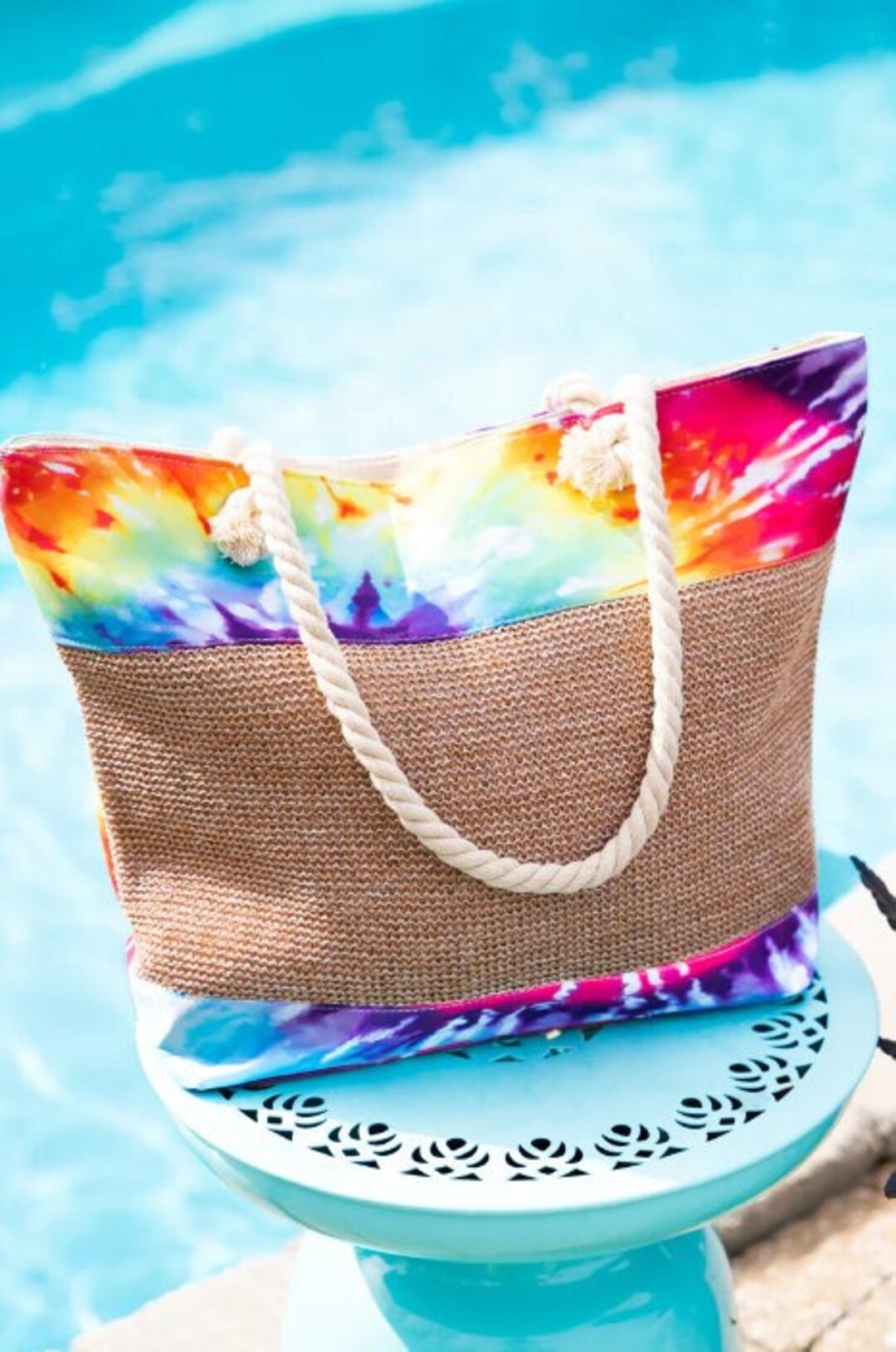 Tie Dye Summer Vibes Rope Handle Beach Tote Bag, Personalize Beach Bag ...