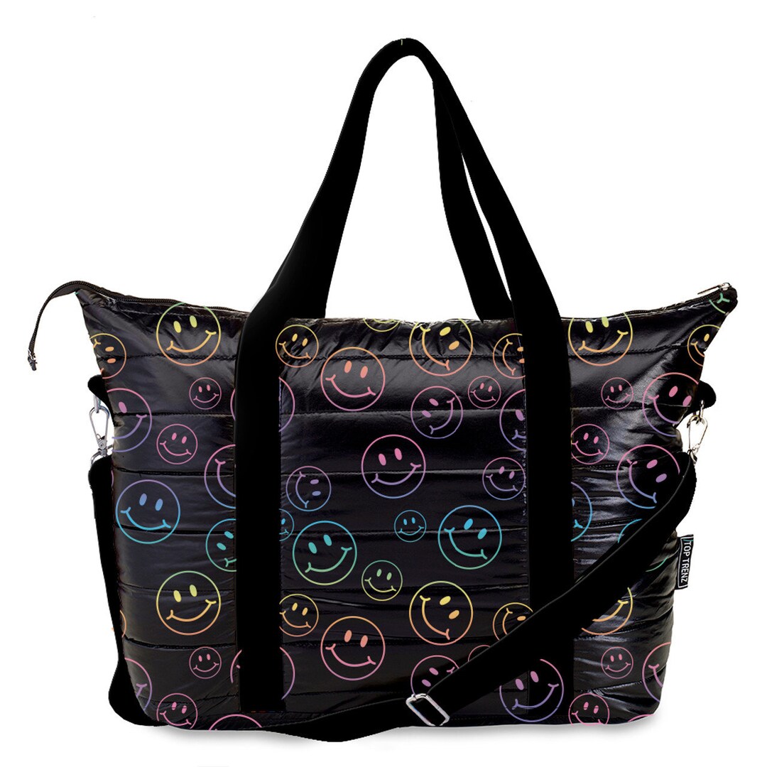 Personalize Black Puffer Outline Happy Face Tote Weekender Bag, Teen ...