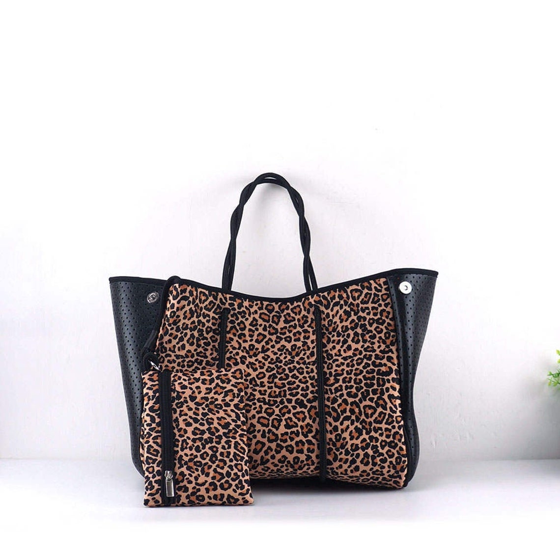 Black and Brown Leopard Neoprene Beach Bag With Small Zippered | Etsy