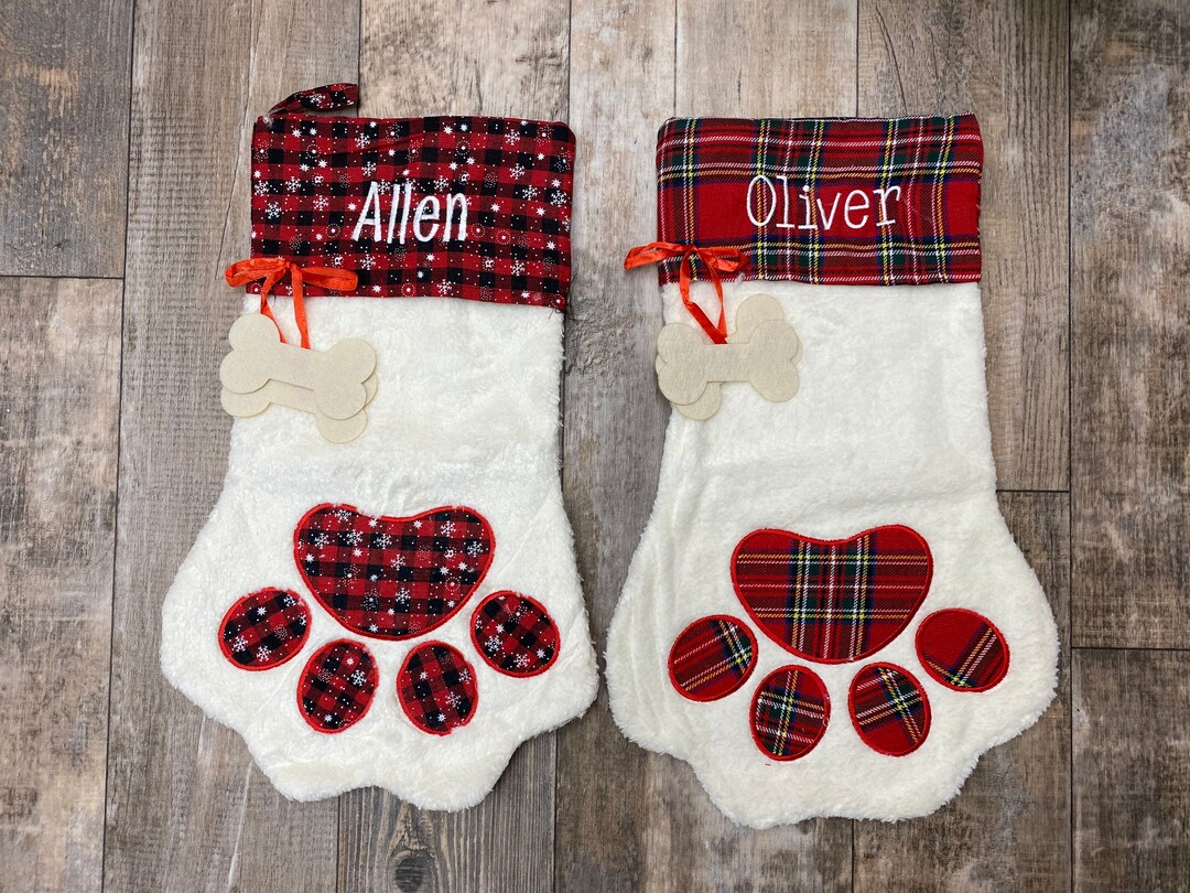 Personalize Dog Stocking, Pet Stocking, Plaid Dog Stocking, Dog Paw ...