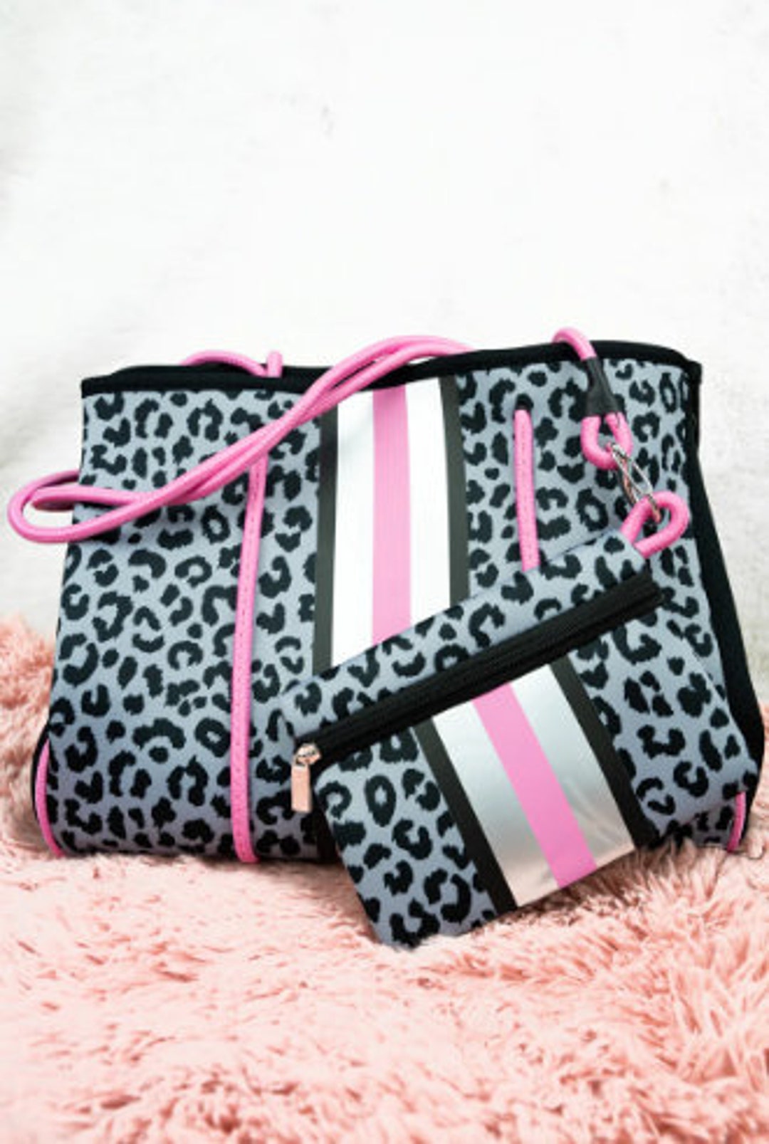 Leopard Neoprene Beach Bag With Small Zippered Purse, Personalized ...