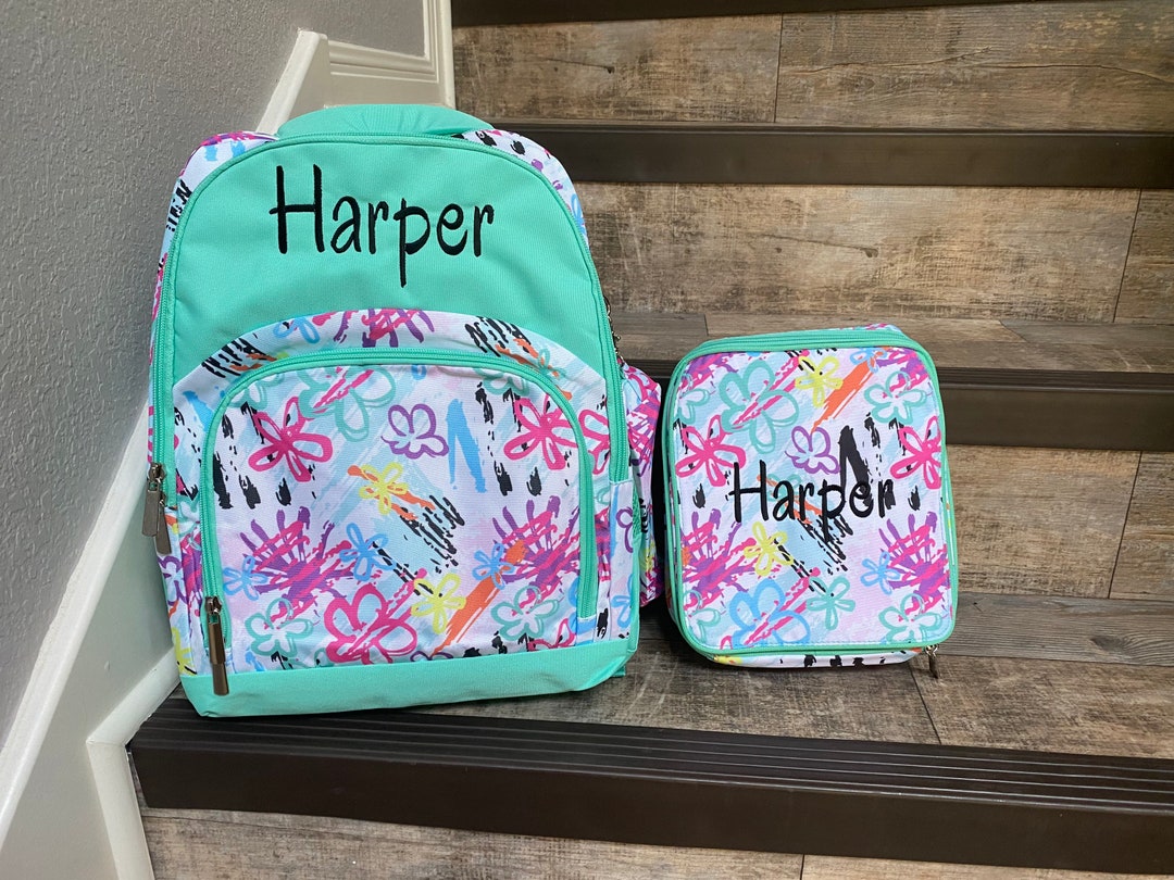 Embroidered Painted Floral Backpack Lunchbox Set. Girls Monogram ...