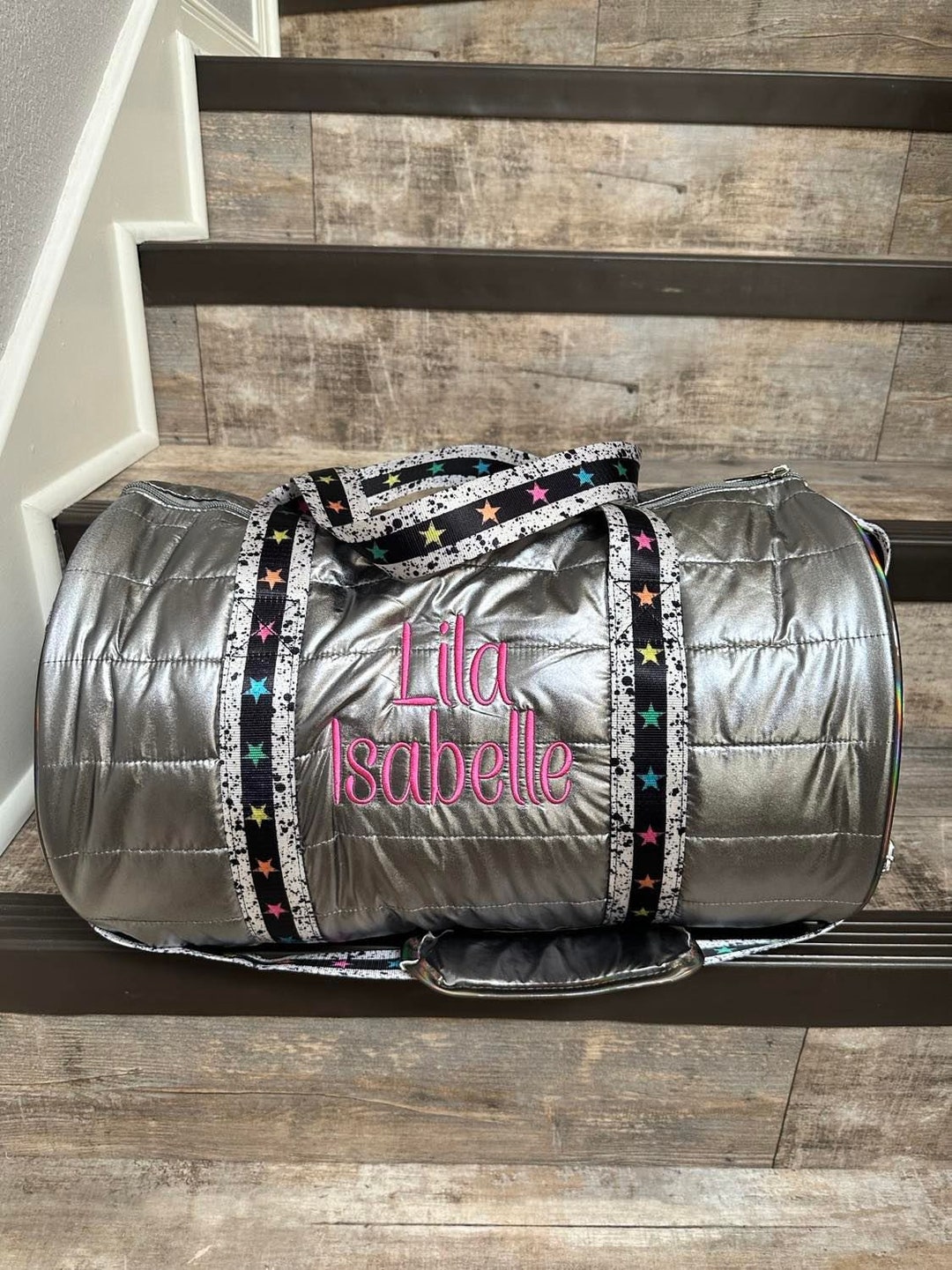 Personalized Girls Metallic Gun Metal Duffle Bag With Straps With ...