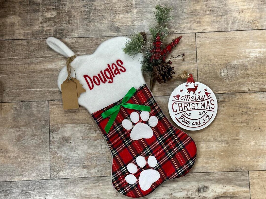 Personalize Dog Stocking, Pet Stocking, Plaid Dog Stocking, Dog Paw ...