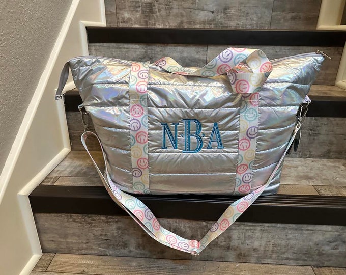 Iridescent Puffer Tote Bag Happy Burst Straps, Teens Smile Face ...