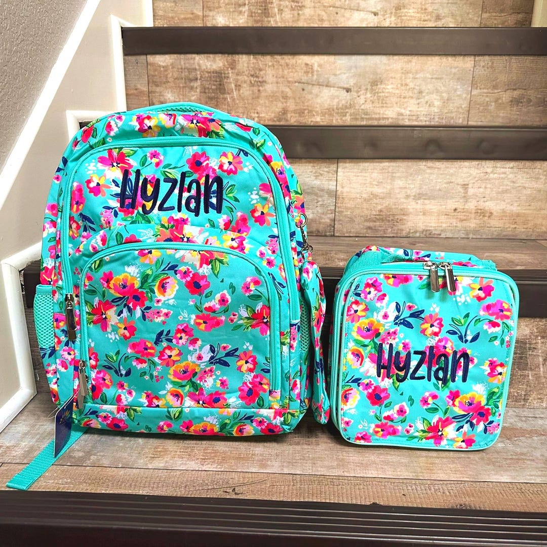 Personalized Mint Floral Backpack Lunchbox, Embroidered Backpack, Kids ...