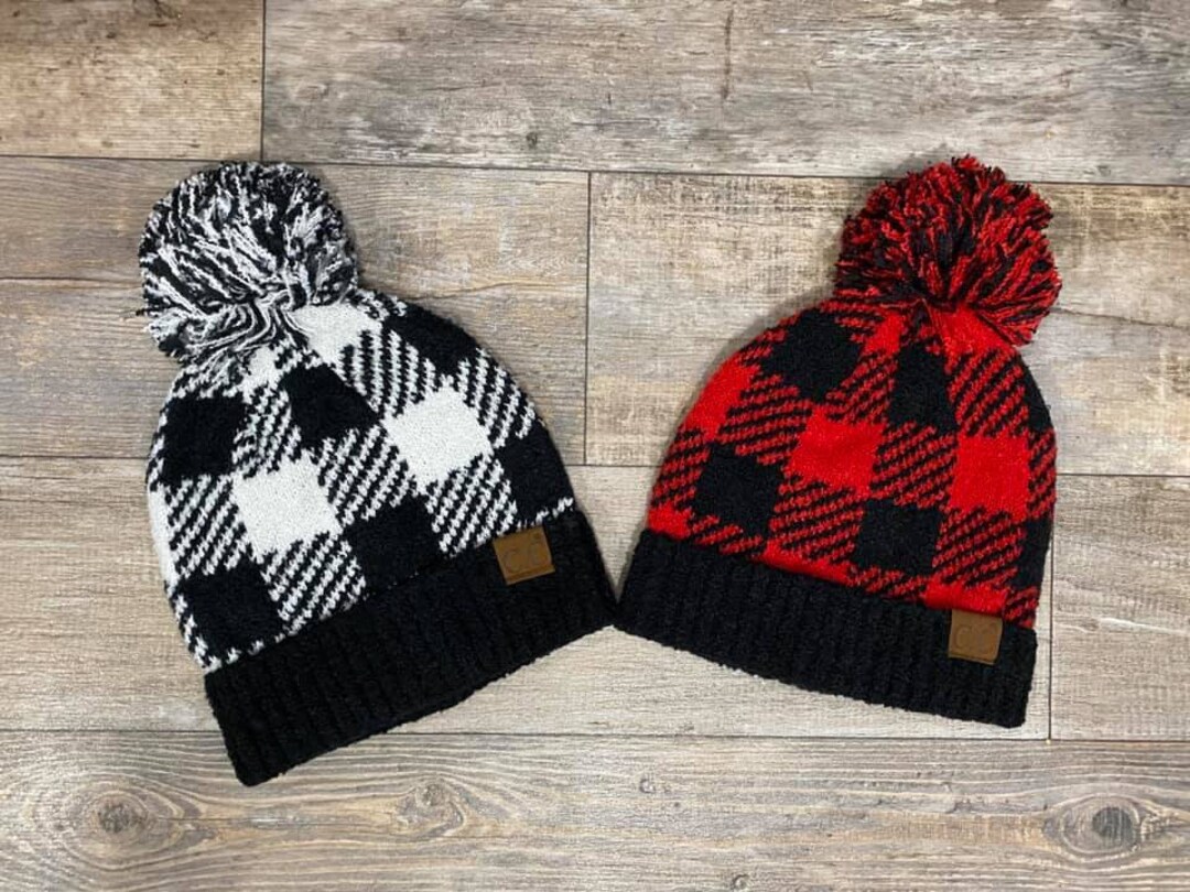 Adult Hat7000 Buffalo Print Jacquard Knit Pom CC Beanie, Buffalo Plaid ...