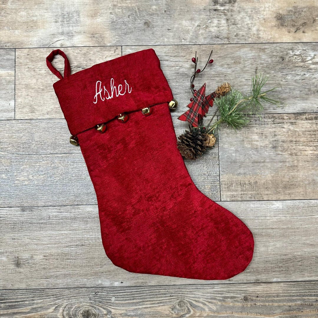 Velvet & Jingle Bells Christmas Stocking, Personalize Stocking ...