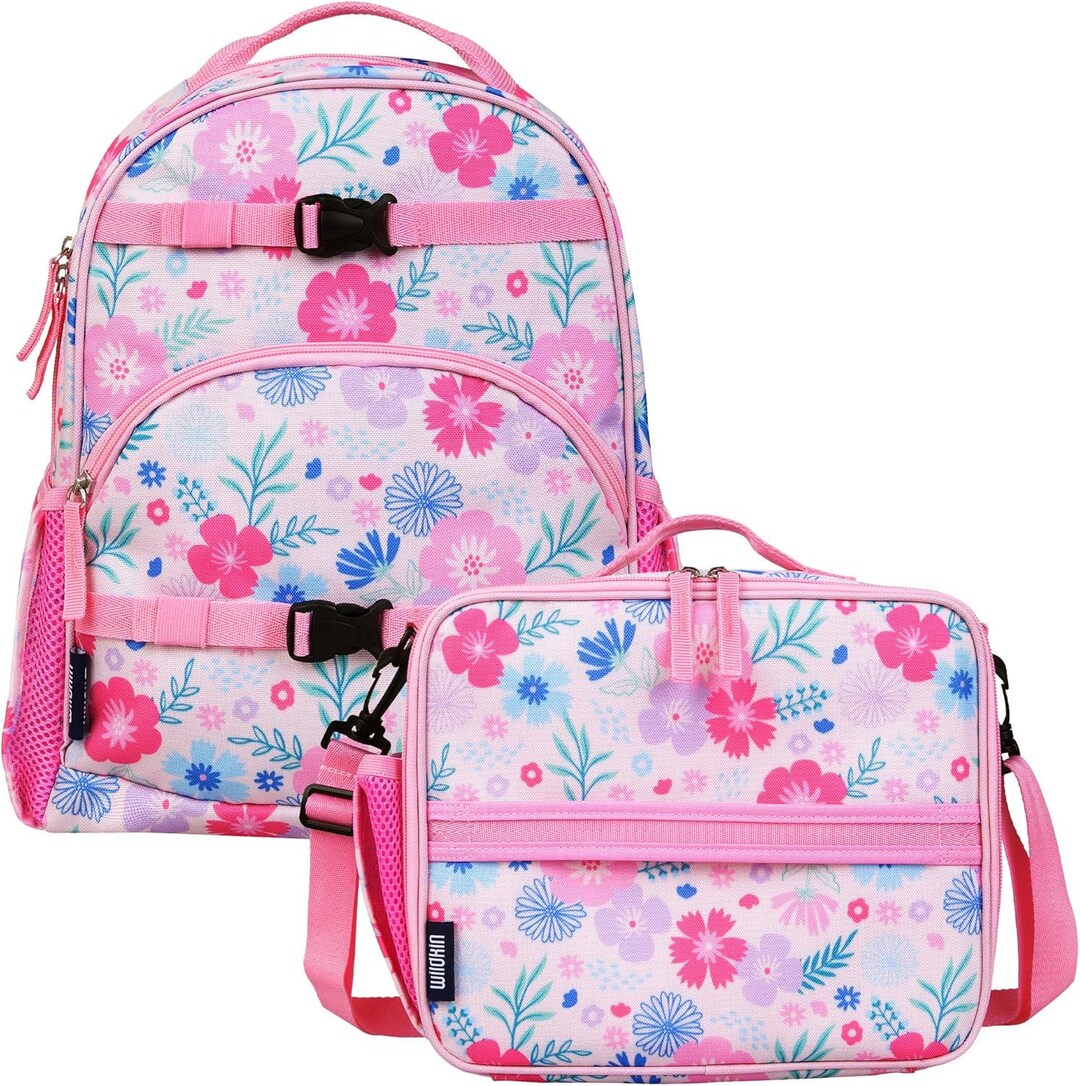 Wildkin Medium Eco 15 INCH Pink Floral Backpack Lunchbox Set, Monogram ...