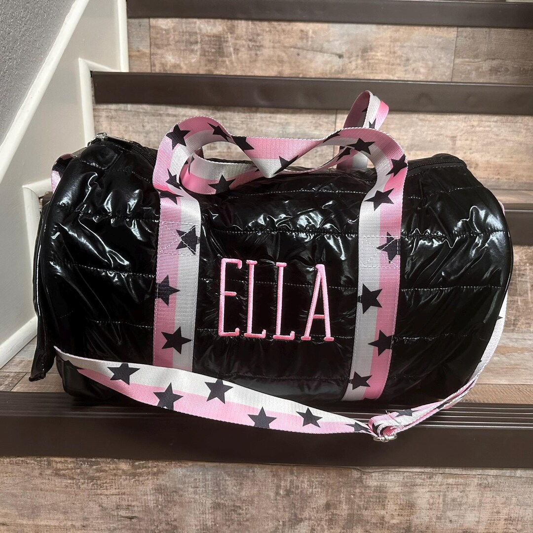 Personalized Girls Black Puffer Duffle Bag Pink White Split Star, Teens ...