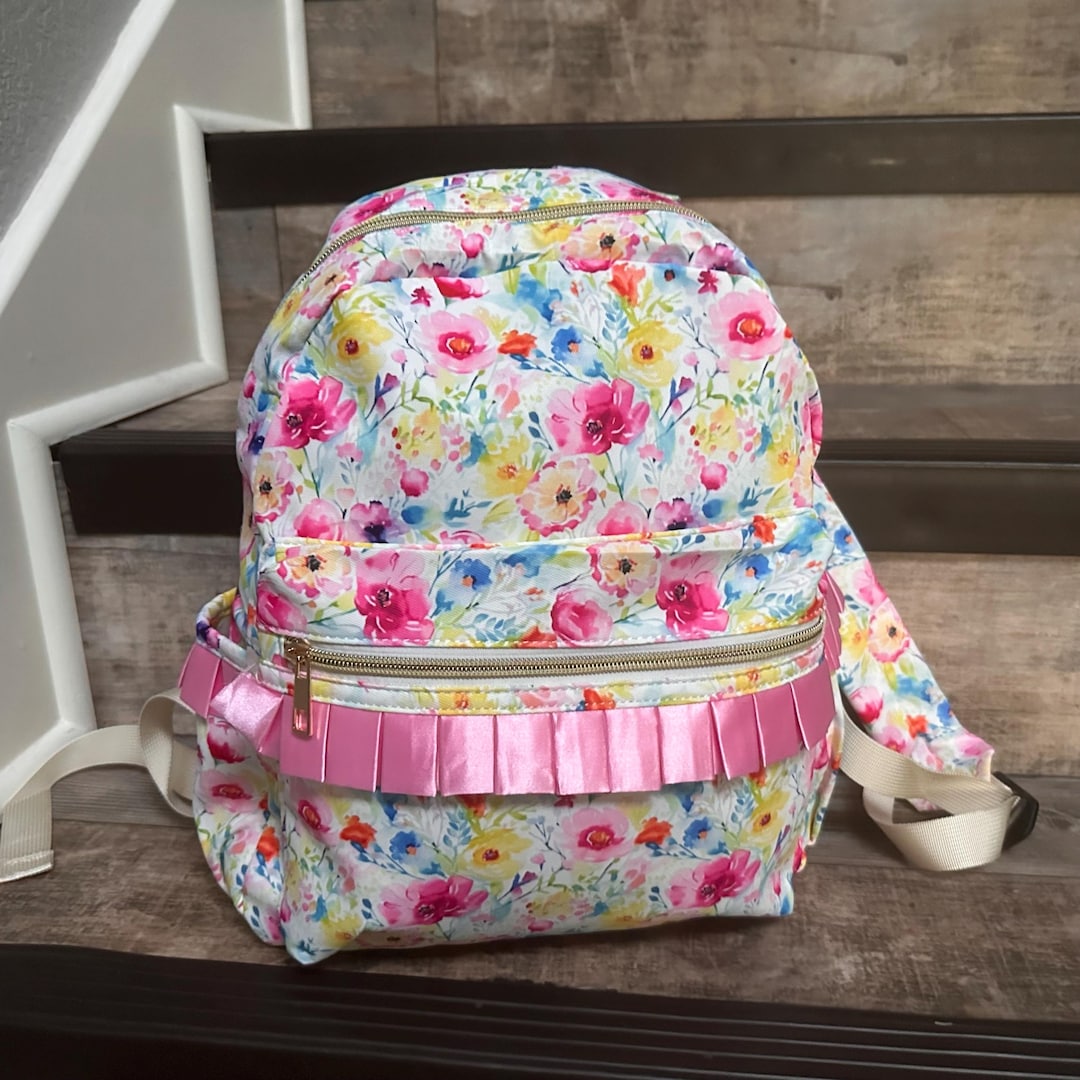 Pink Flower Kids Girls Ruffle Backpack, Monogram Floral Backpack ...