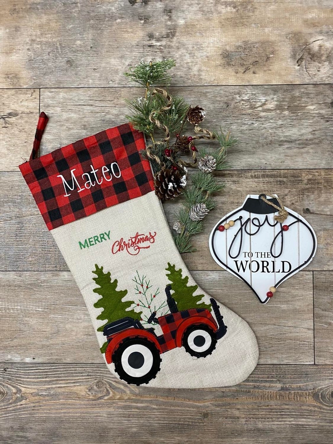 Embroidered Christmas Stockings, Buffalo Plaid Stocking, Tractor ...