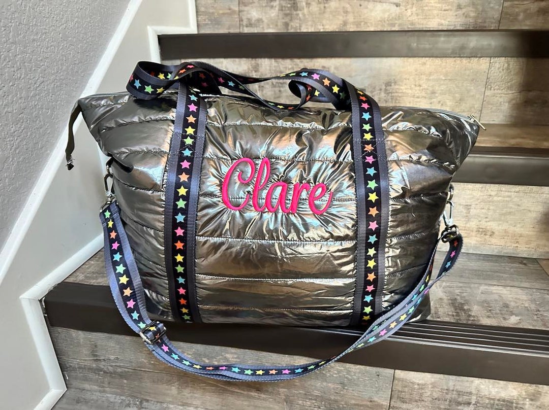 Gunmetal Puffer Tote Bag With Multi Star Straps, Teens Weekender ...