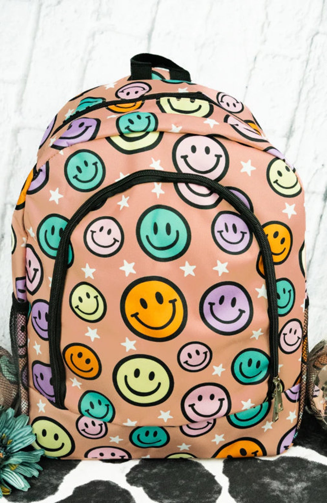 Large Happy Vibes Backpack Smiley School Bag Girls Smile - Etsy
