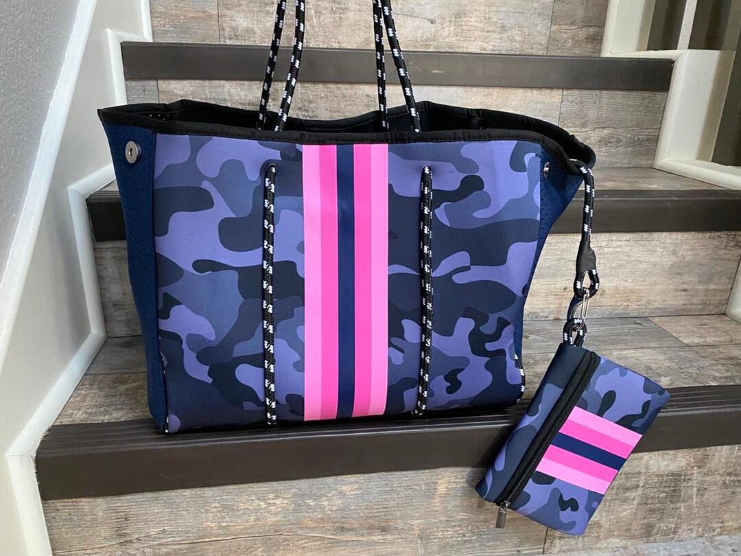 Black Navy Camo Neoprene Beach Bag With Small Zippered Purse ...