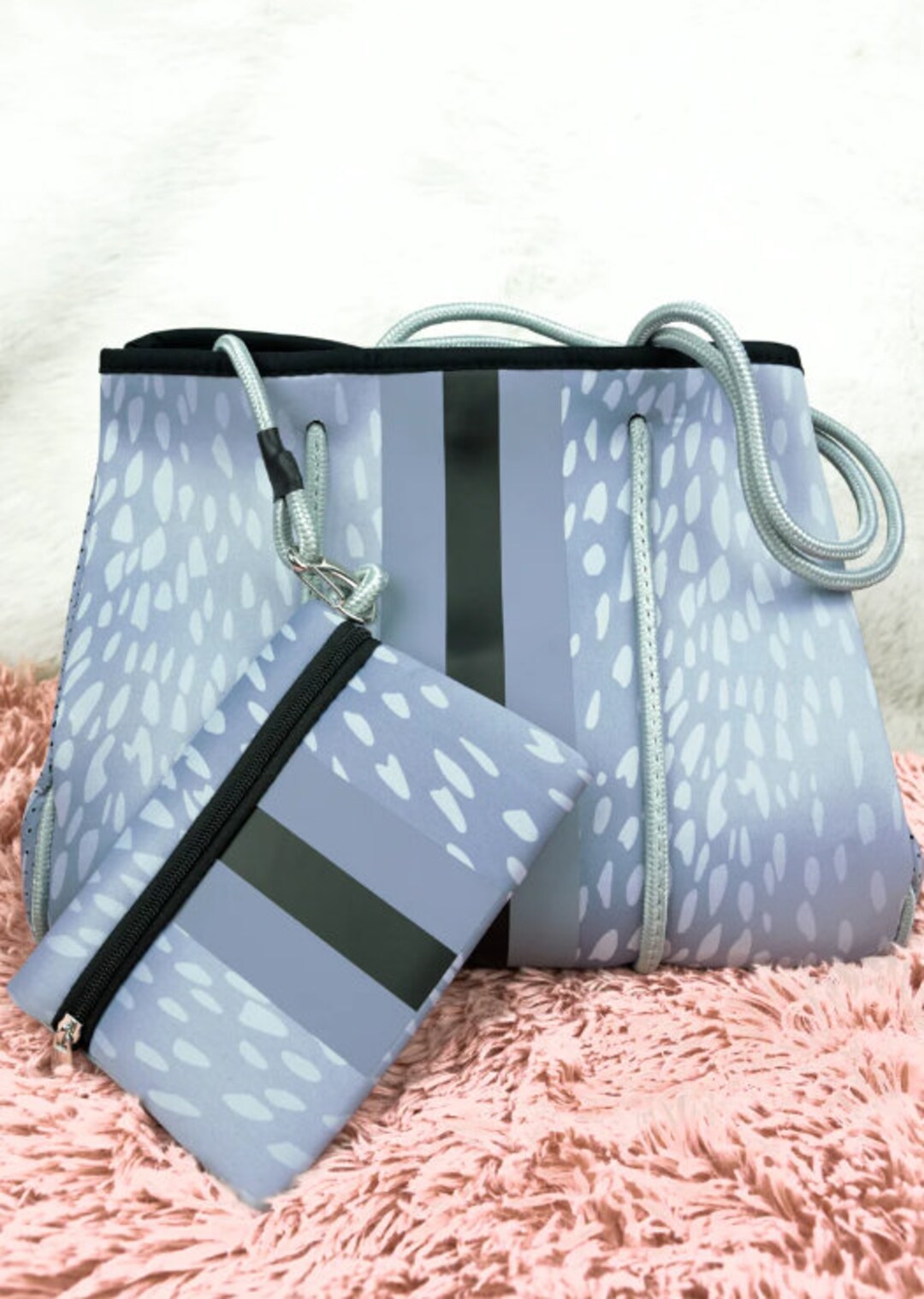 Gray Fawn Neoprene Beach Bag With Small Zippered Purse, Personalized ...