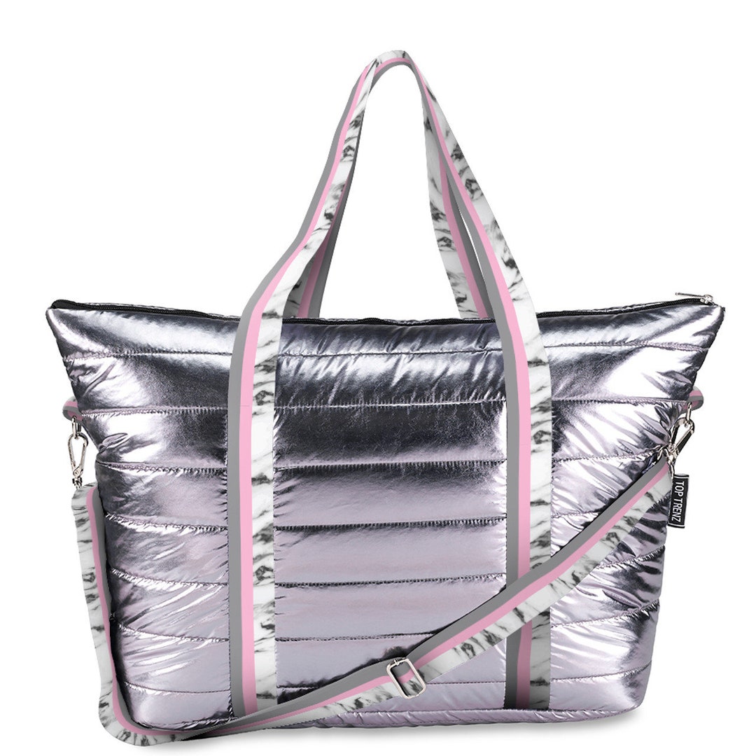 Gunmetal Puffer Tote White Marble Stripe Straps, Teens Weekender ...