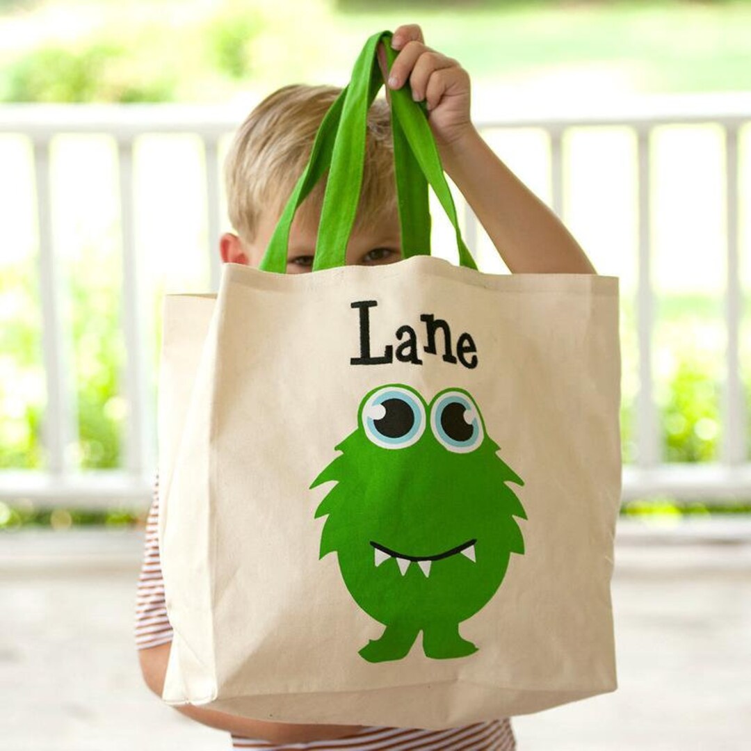 Green Monster Treat Bag, Monogram Treat Bag, Halloween Tote Bag, Canvas ...