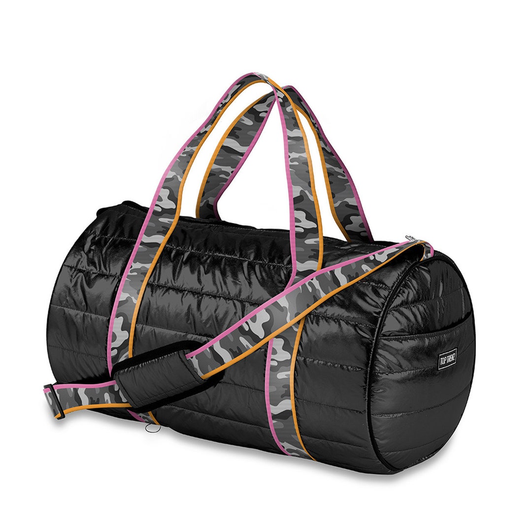 Personalized Girls Black Puffer Duffle Bag With Camo Straps, Teens ...
