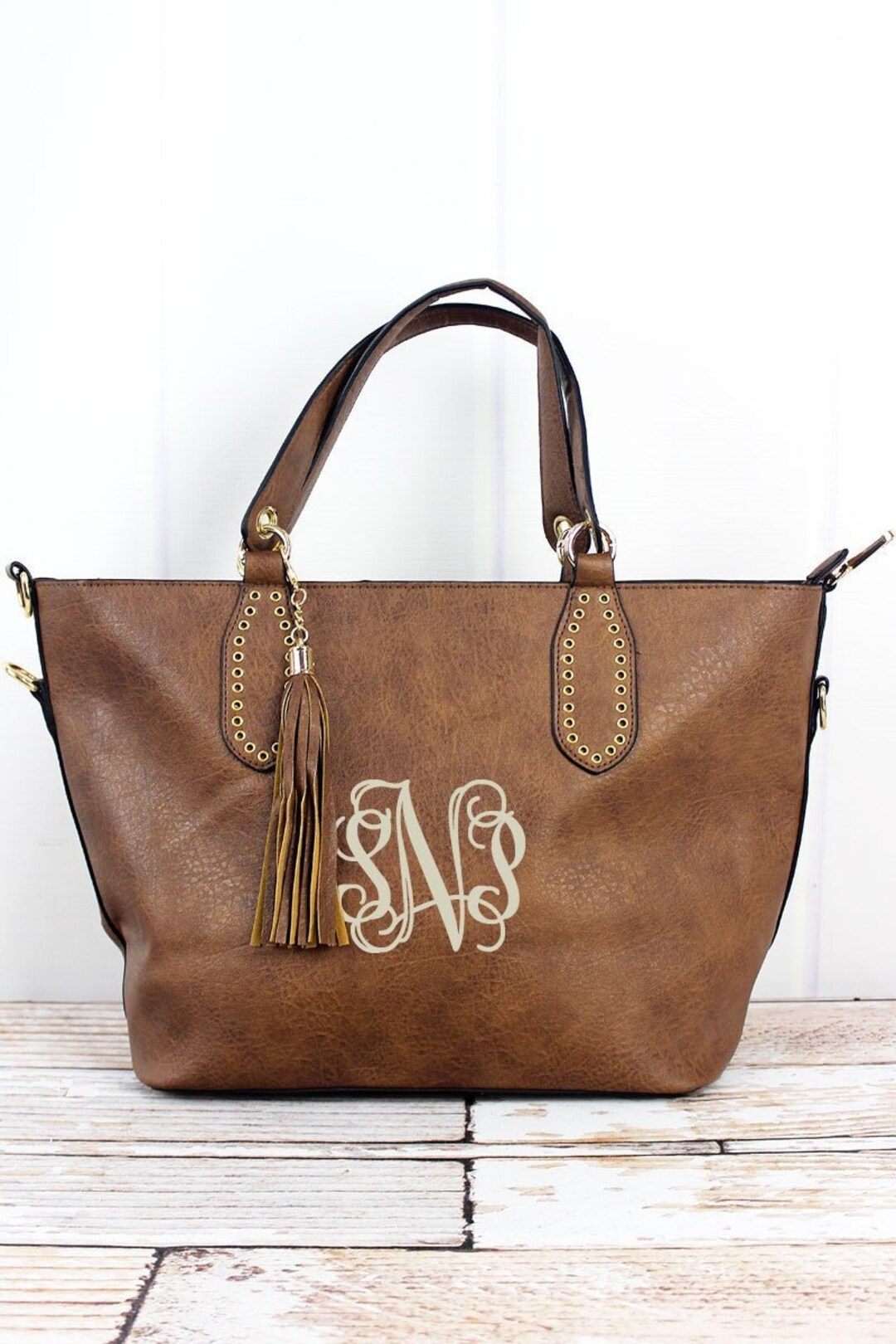 Monogrammed Brown Faux Leather Eyelet Tassel Bag, Personalized Tassel ...
