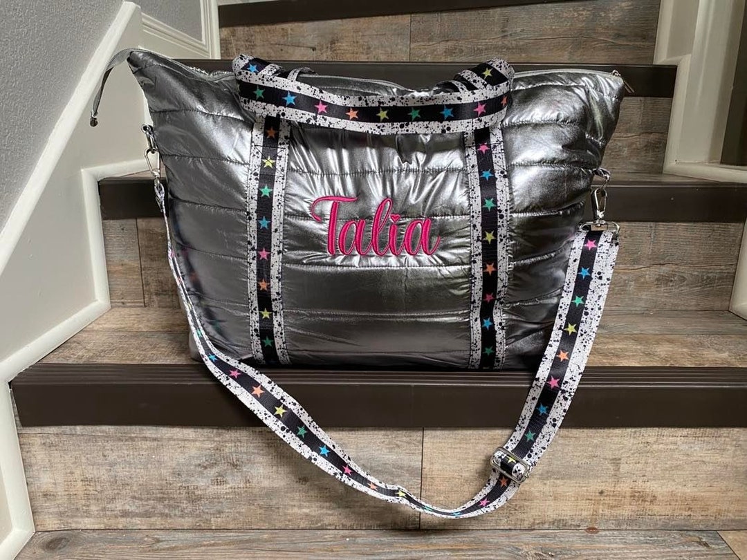 Personalized Gunmetal Puffer Weekender Tote With Big City Straps, Teen ...