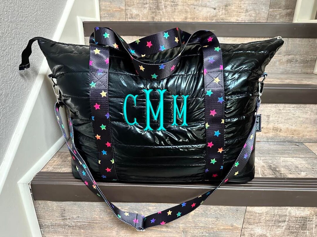 Personalized Black Puffer With Shadow Star Strap Tote Weekender Bag ...