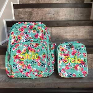 Personalized Mint Floral Backpack Lunchbox, Embroidered Backpack, Kids ...