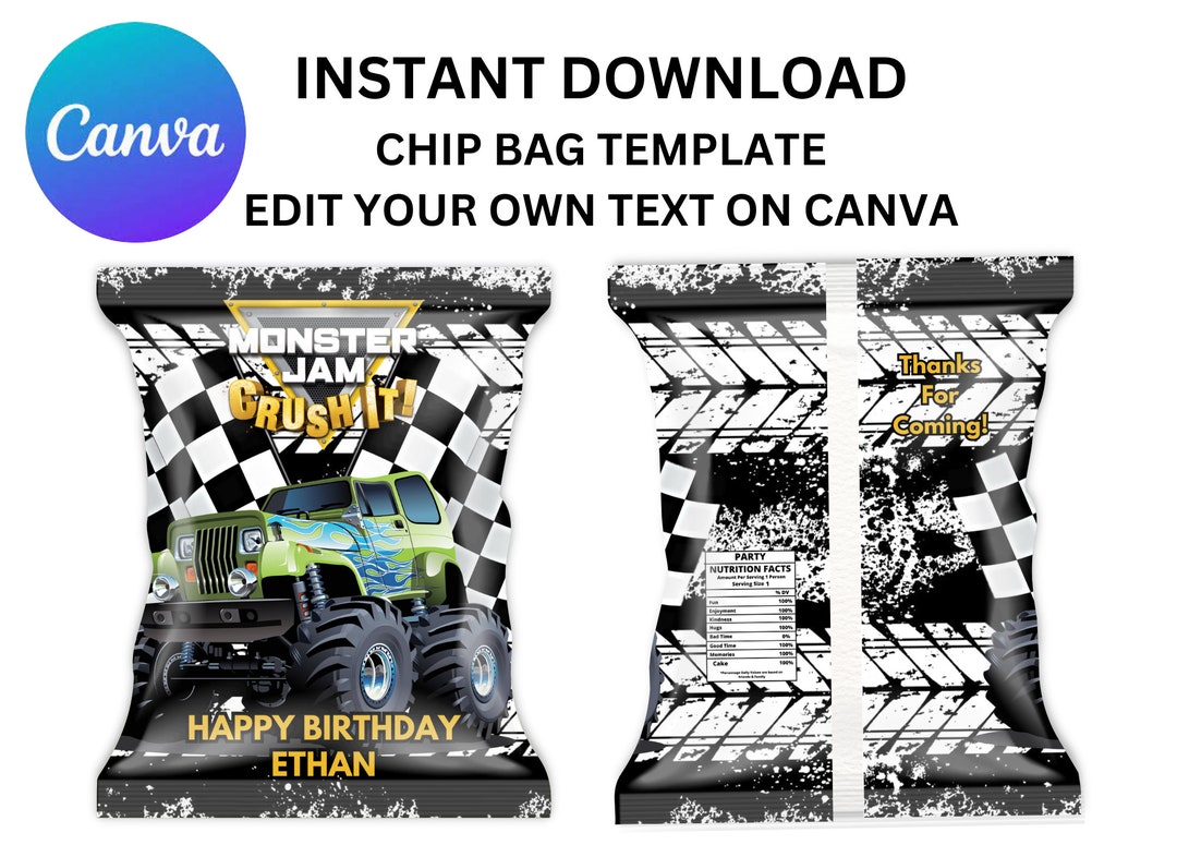 Monster Truck Chip Bag Template monster Jam Editable Chip Bag - Etsy ...