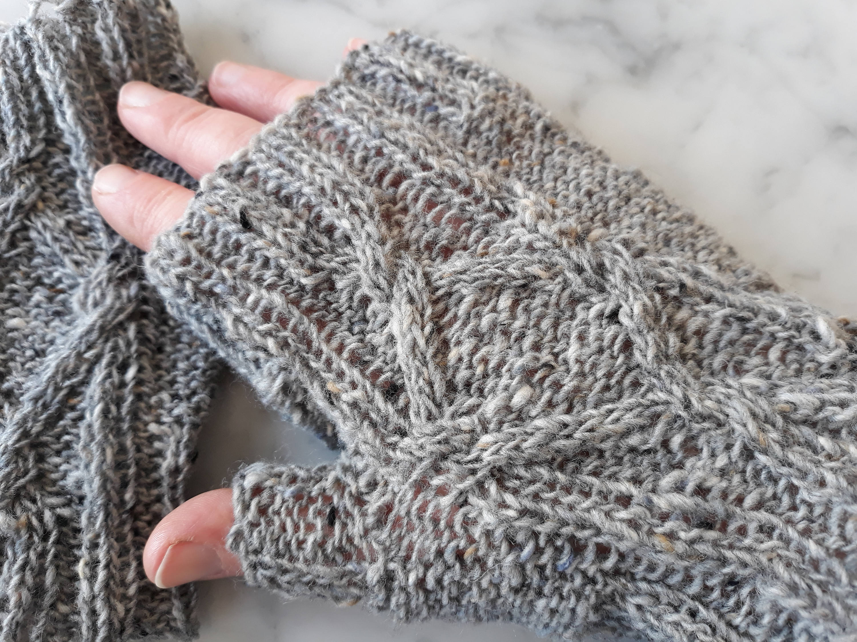 Knit fingerless mitts: cable knit mittens in gray merino Donegal Tweed ...