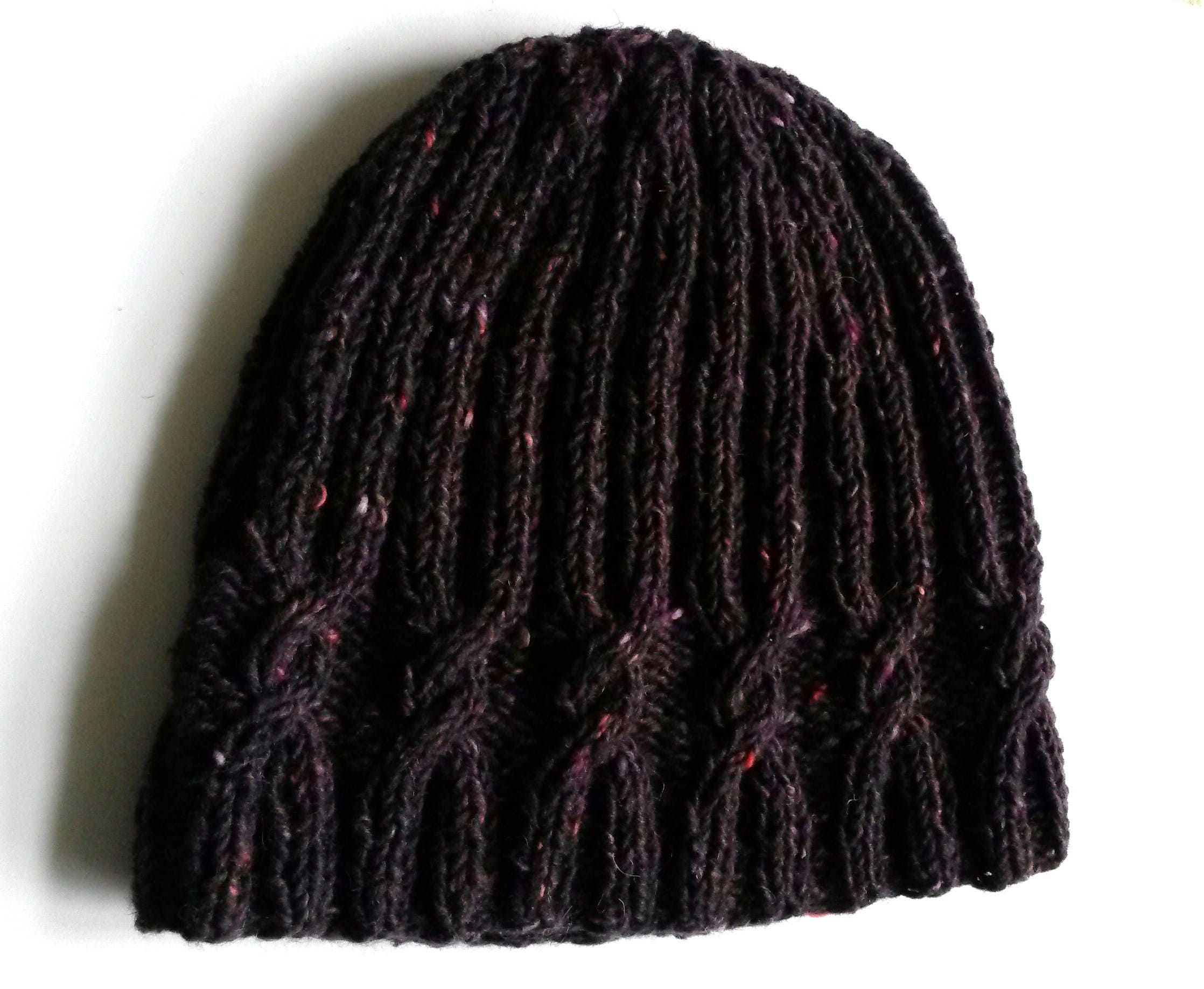 Cable knit beanie in luxury purple black tweed Irish wool. Handknit hat ...