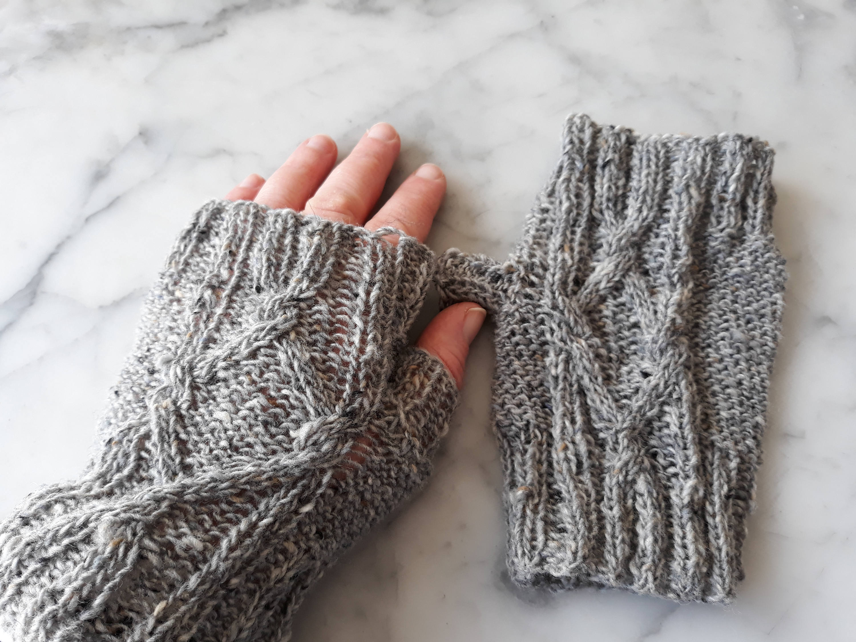 Knit fingerless mitts: cable knit mittens in gray merino Donegal Tweed ...