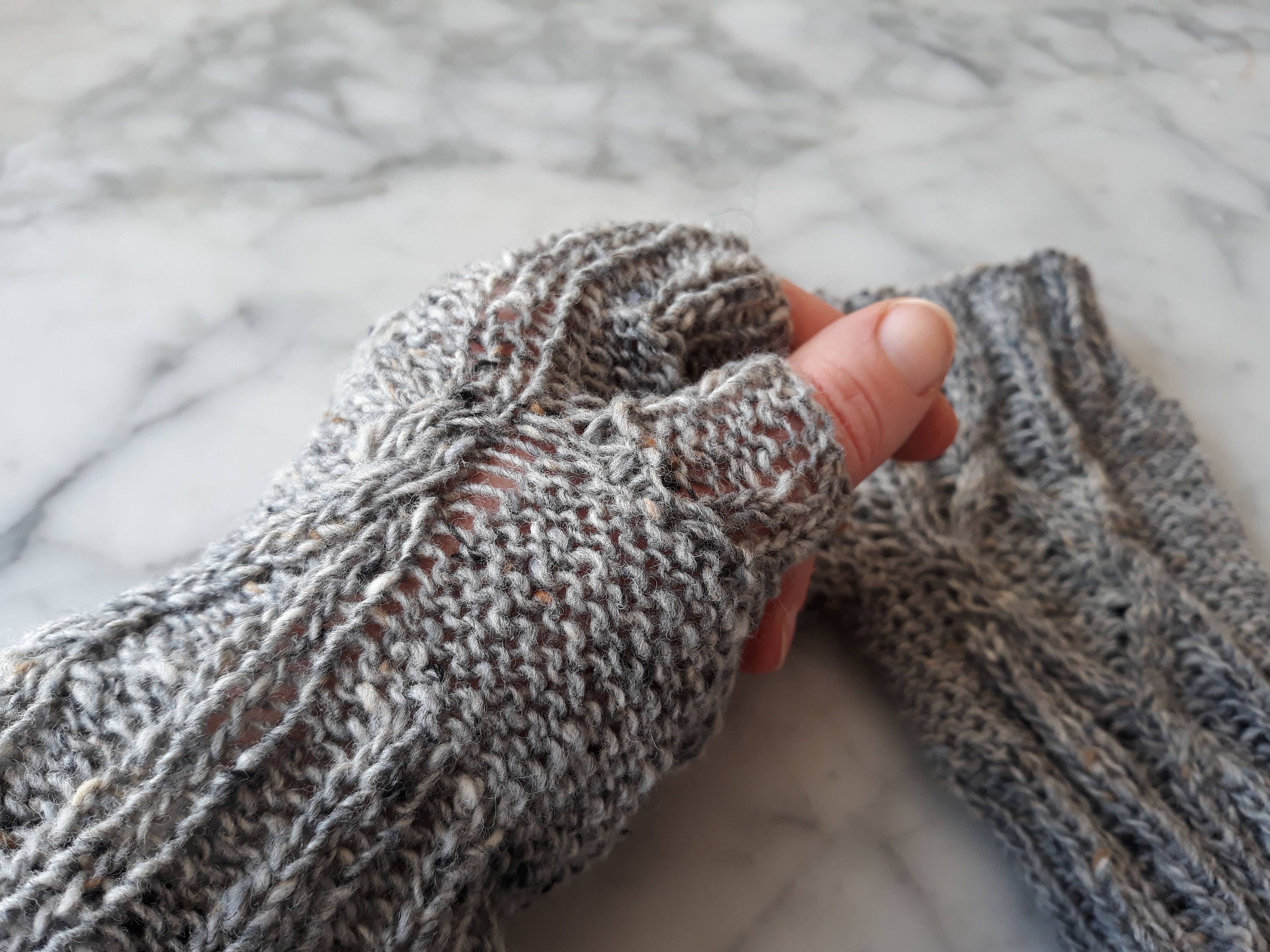 Knit fingerless mitts: cable knit mittens in gray merino Donegal Tweed ...