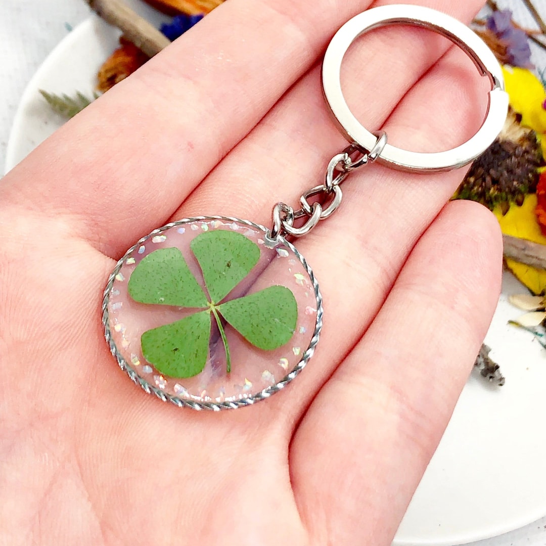 Real Four-leaf Clover Key Ring. Steel Ring. Home, Car, Lucky Charm Key ...