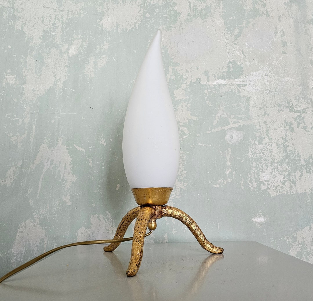 Table Lamp Modern Mid Century / Opal Glass Flame / Tripod / Gilt Metal ...