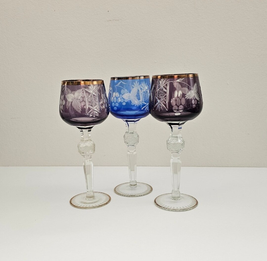 Set of 3 Colored Lead Crystal Wineglasses With a Gold Rime - Cut to ...