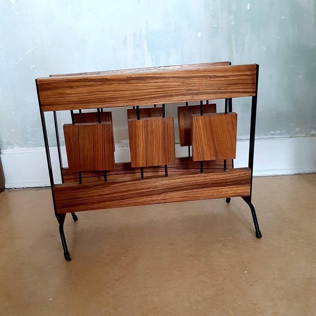 70s Magazine Rack Vintage / Floor / Metal and Wood / Newspaper Holder ...