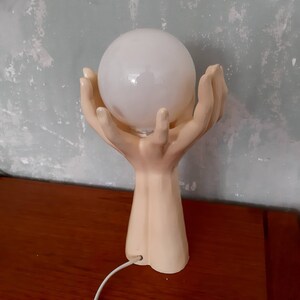 80s Vintage Hand Lamp With Glass Shade Globe / Chalkware Accent Table ...