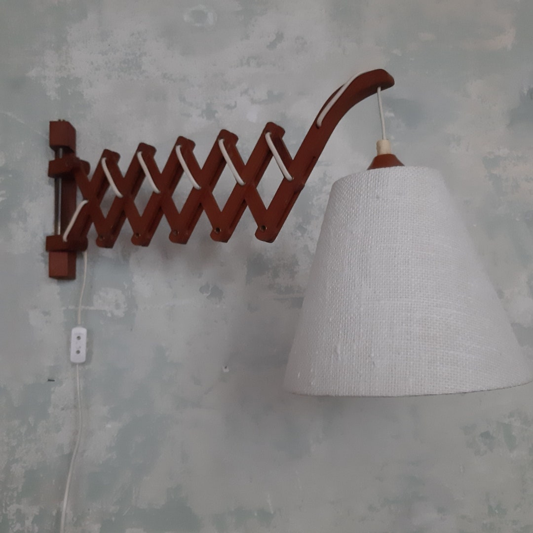 Vintage 70s Teak Scissor Wall Lamp / Harmonica Swing Arm Wooden Pug in ...