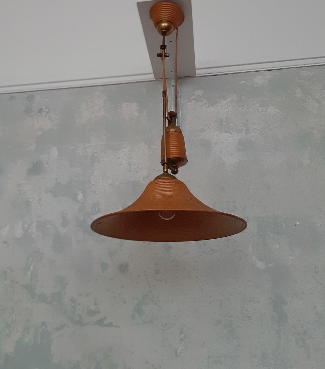 Rattan Pendant Light / Italy 70s Vintage / Pencil Reed / Bamboo / Brass ...
