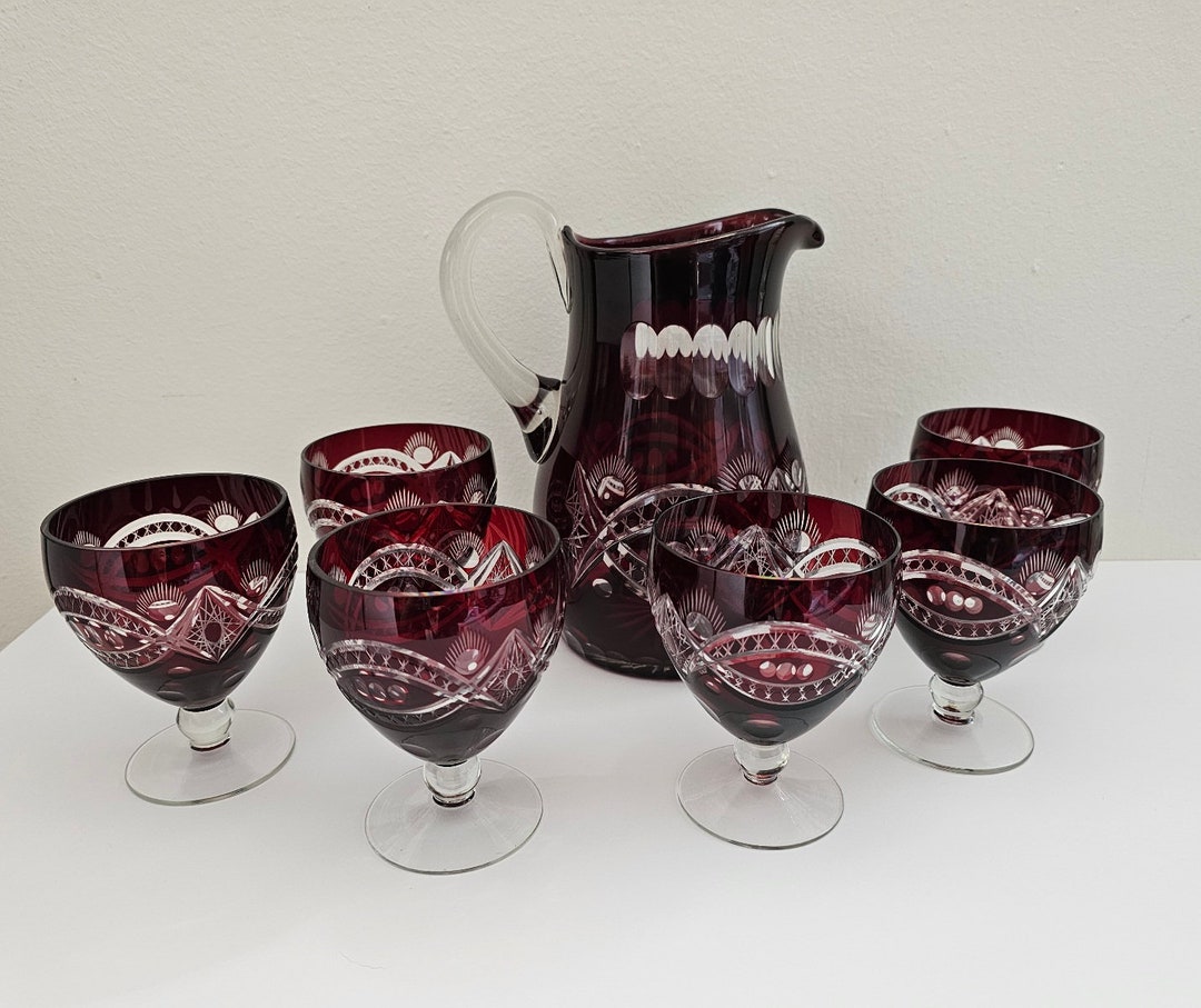 Vintage Bohemian Pitcher Decanter Set With Glasses / Ruby Red Cut to ...
