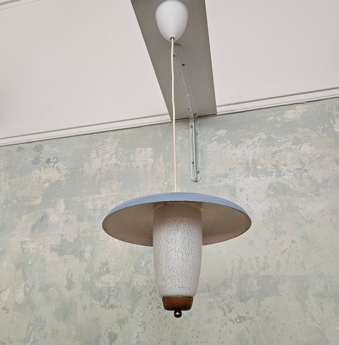 Vintage 50s Ceiling Pendant Lamp Pastel Blue Metal Teak Glass Hallway ...