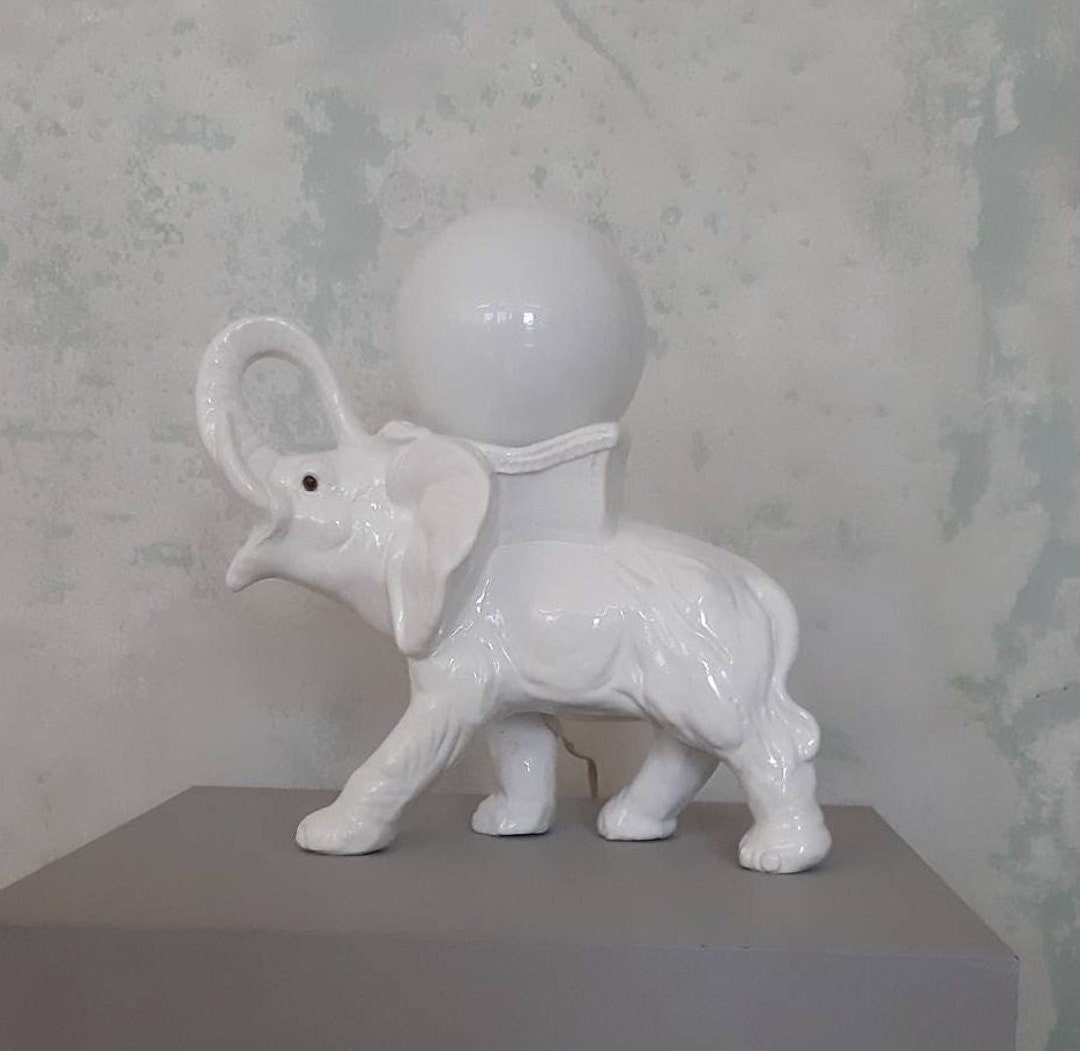 Vintage White Elephant Lamp / Globe Shade / 1980s Glaze Ceramic ...