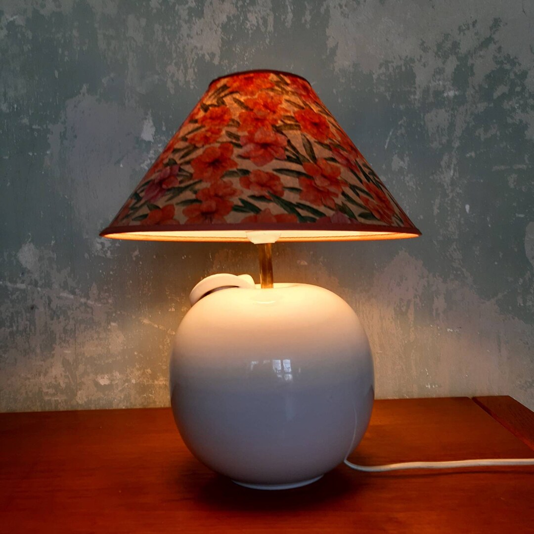 1980s White Table Lamp Ceramic Lamp Base / Apple / Lamp Shade Red ...
